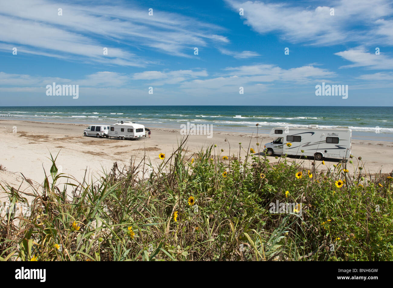 Texas, Padre Island. RV campers in Padre Island National Seashore Stock ...
