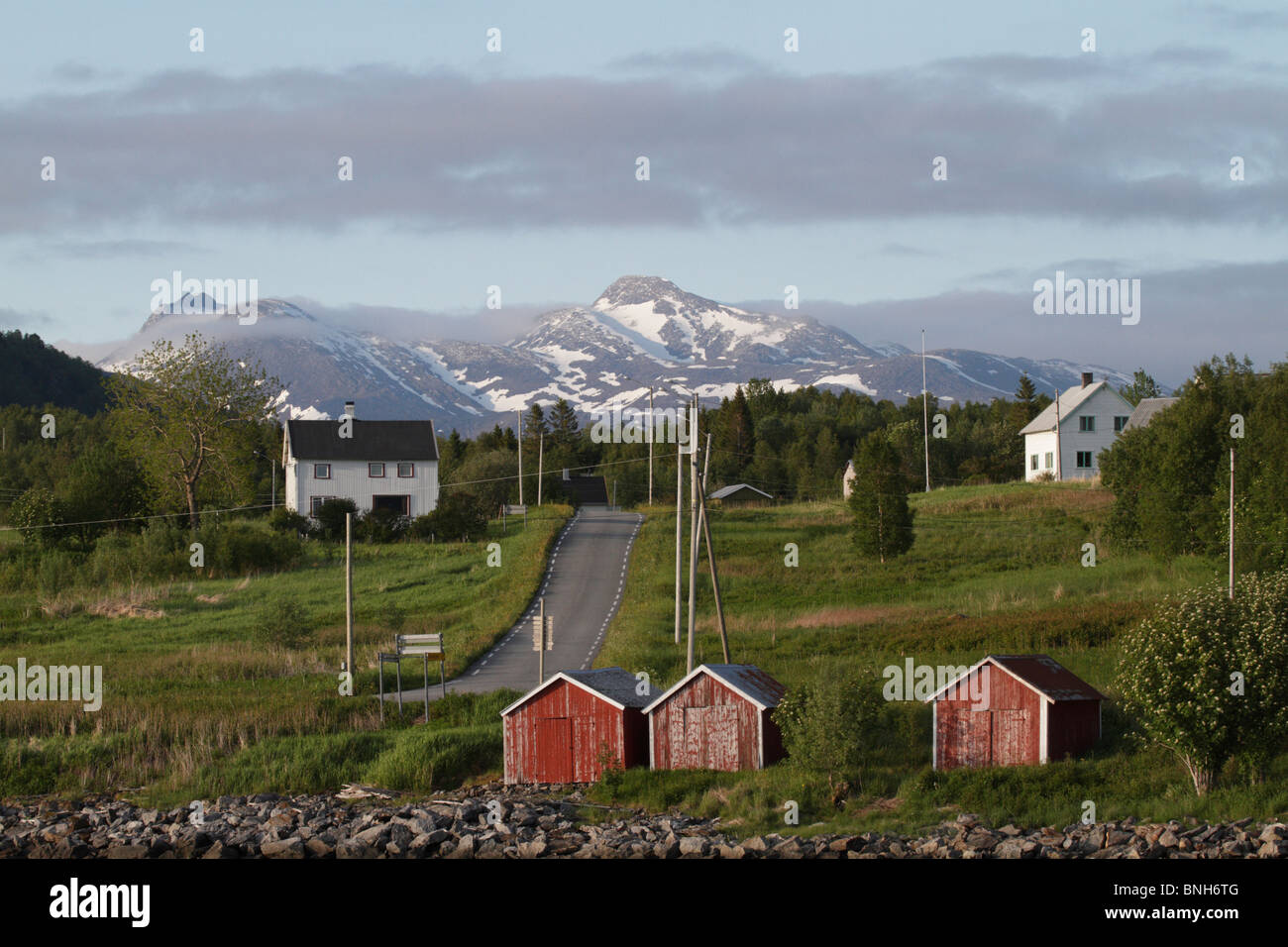 Fisher huts (rorbus) at the harbour of Styrkesnes, Nordland Fylke ...
