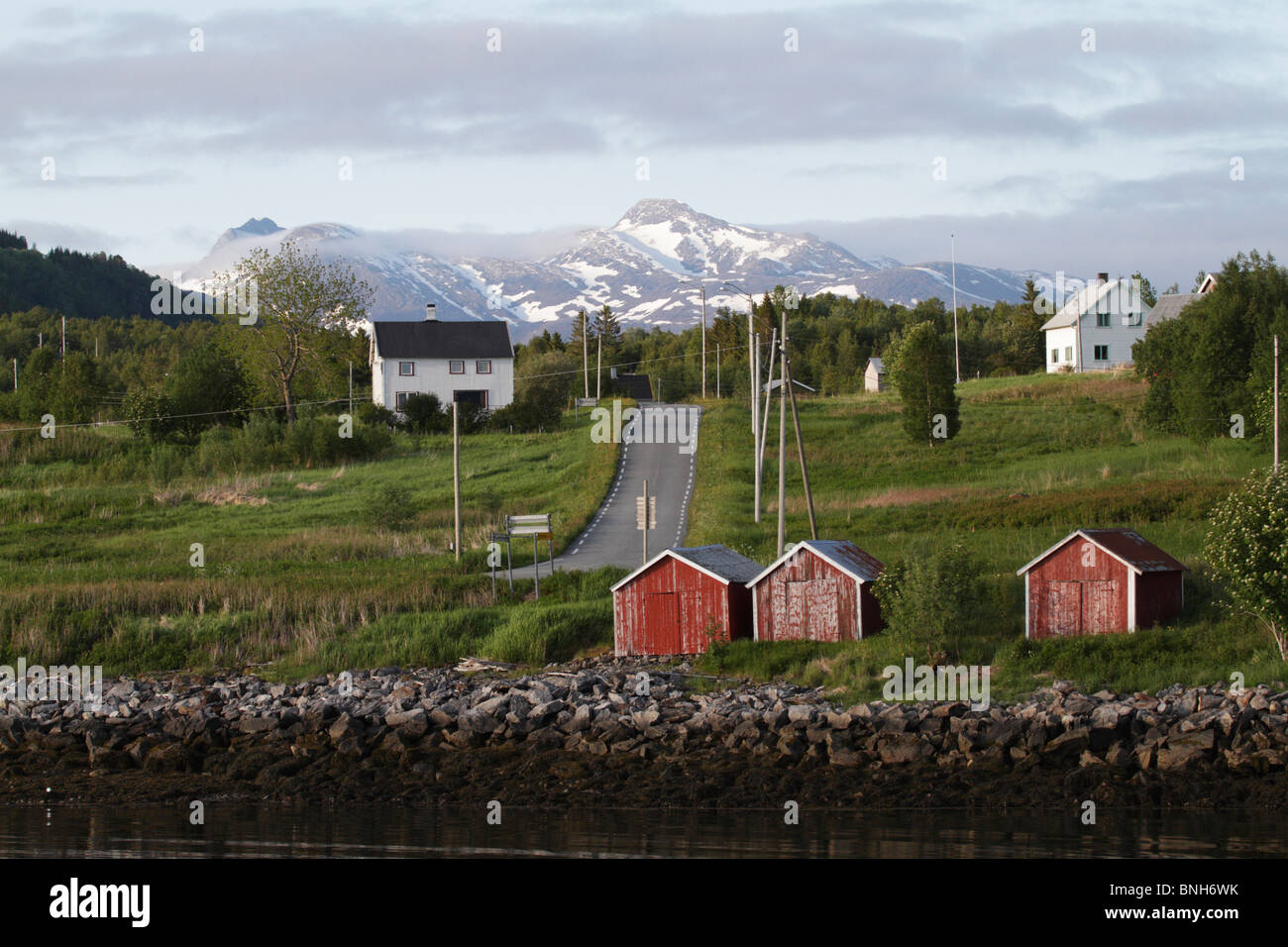 Fisher huts (rorbus) at the harbour of Styrkesnes, Nordland Fylke ...