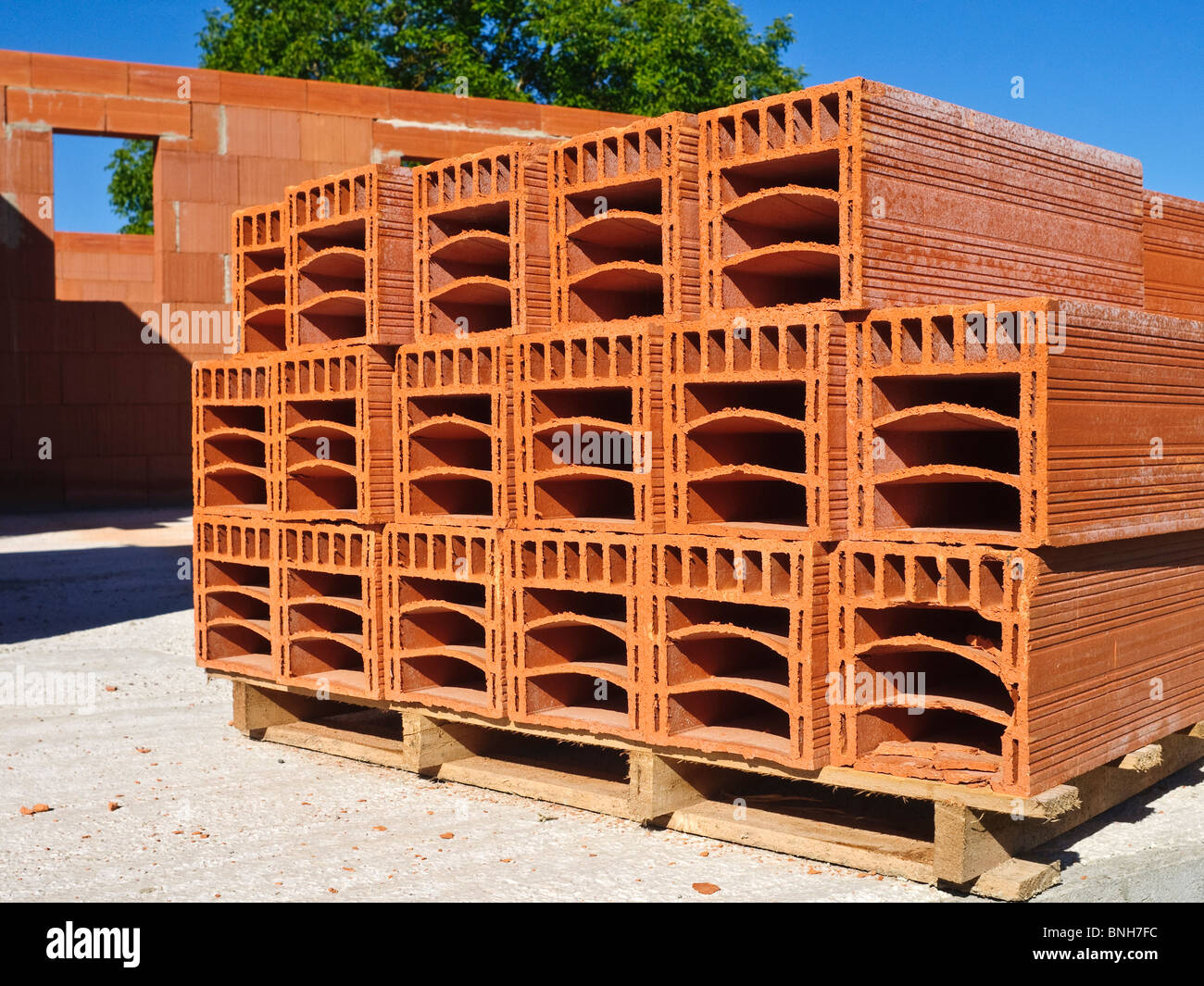 Pallet of Bouyer Leroux bio-bricks on new housing estate - Indre-et ...