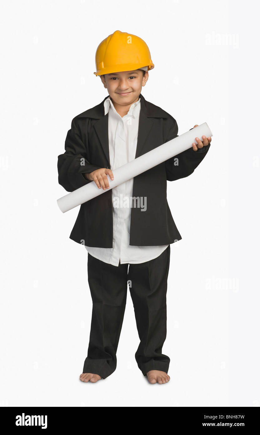 Girl dressed as an architect and holding a blueprint Stock Photo - Alamy