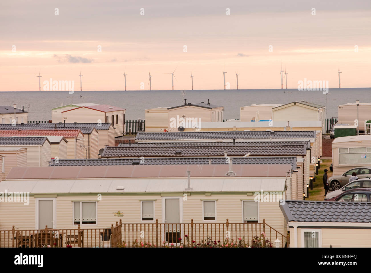 The Rhyl Flats offshore wind farm from a caravan holiday park in Rhyl ...
