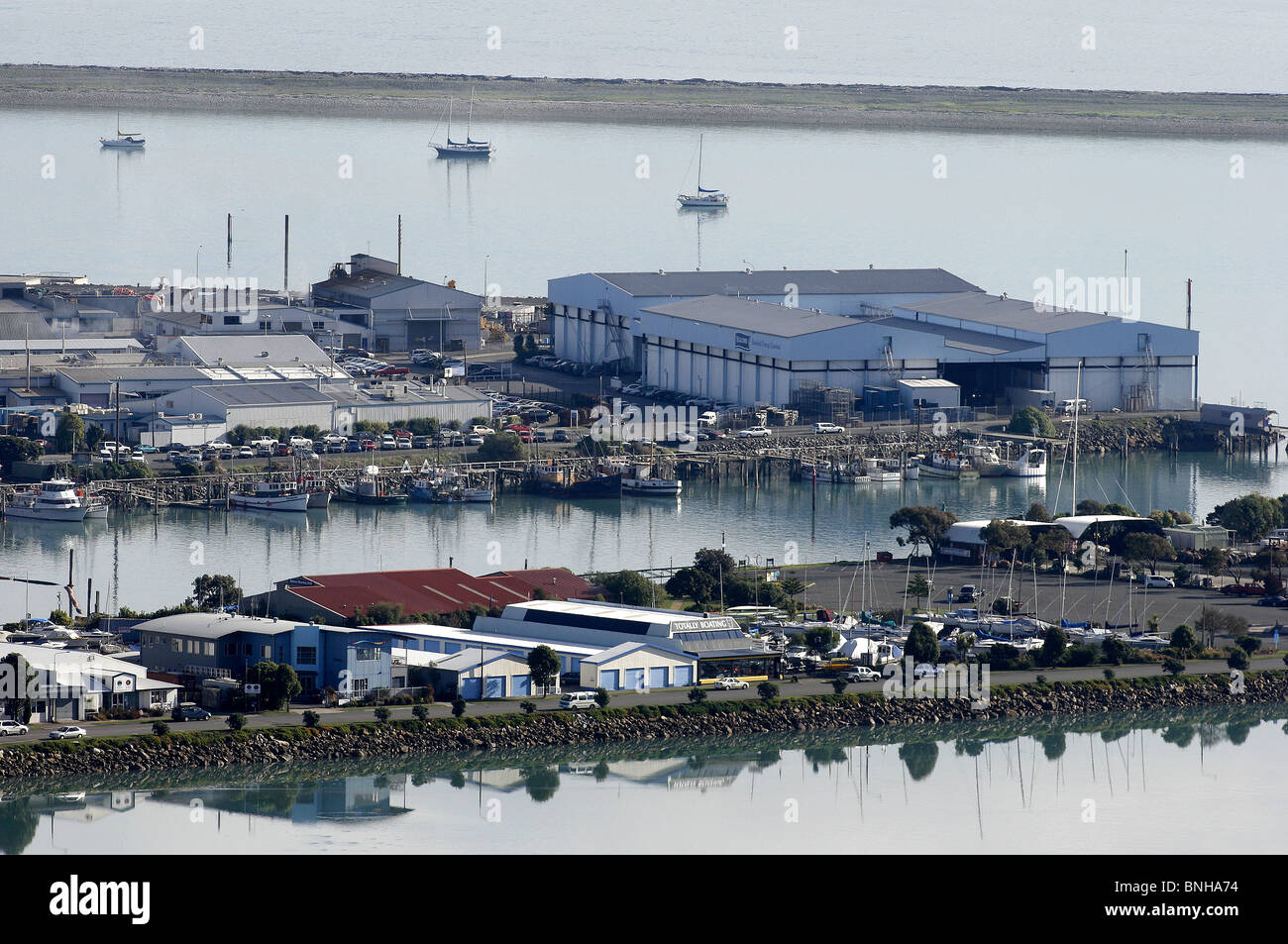 The Sealord plant at Port Nelson, New Zealand, with the Boulder Bank in ...