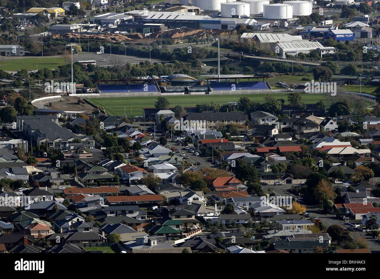 Nelson, New Zealand view showing Trafalgar Park rugby stadium and the ...