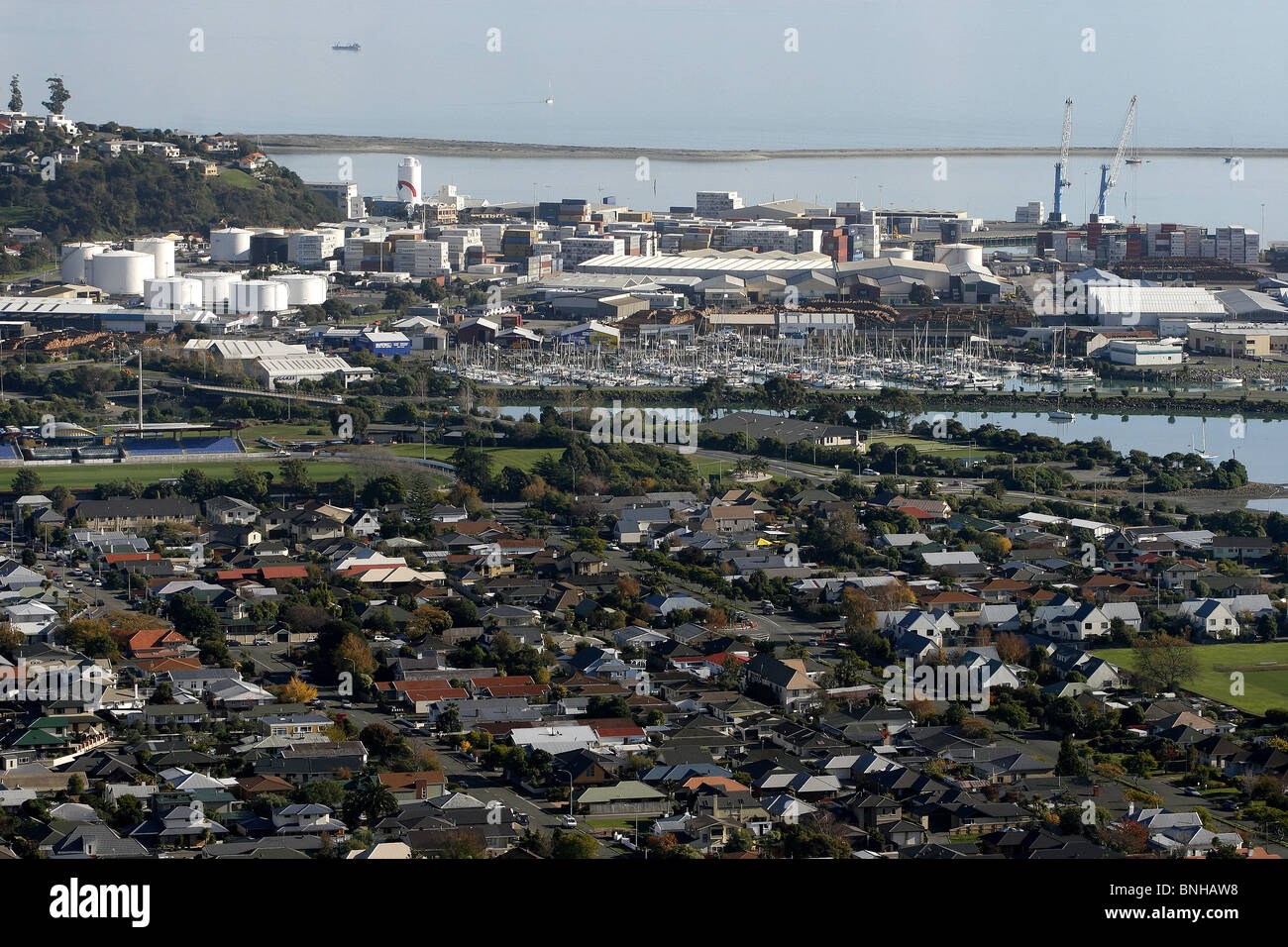 Nelson, New Zealand view showing Trafalgar Park rugby stadium, centre ...
