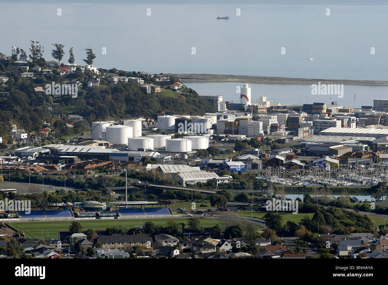 Nelson, New Zealand view showing Trafalgar Park rugby stadium and the ...