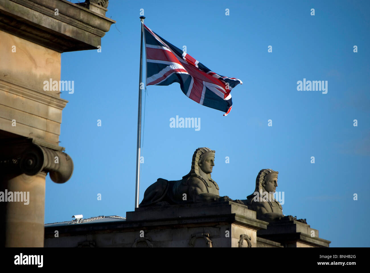 Union Jack flag flying above the Royal Scotish Academy (art gallery) at ...