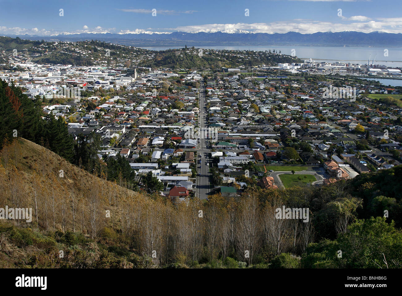 view of Nelson city centre New Zealand with blue sky and snow capped ...