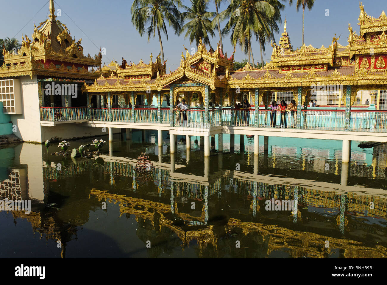 Fish pond Botataung pagoda Yangon Myanmar Burma Asia building bridge ...