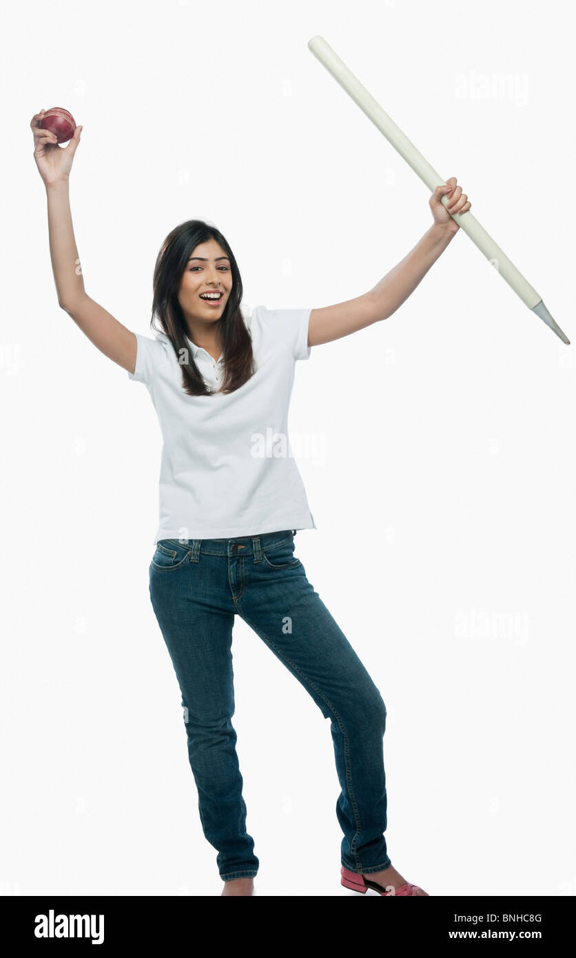 Portrait of a female cricket fan cheering Stock Photo - Alamy