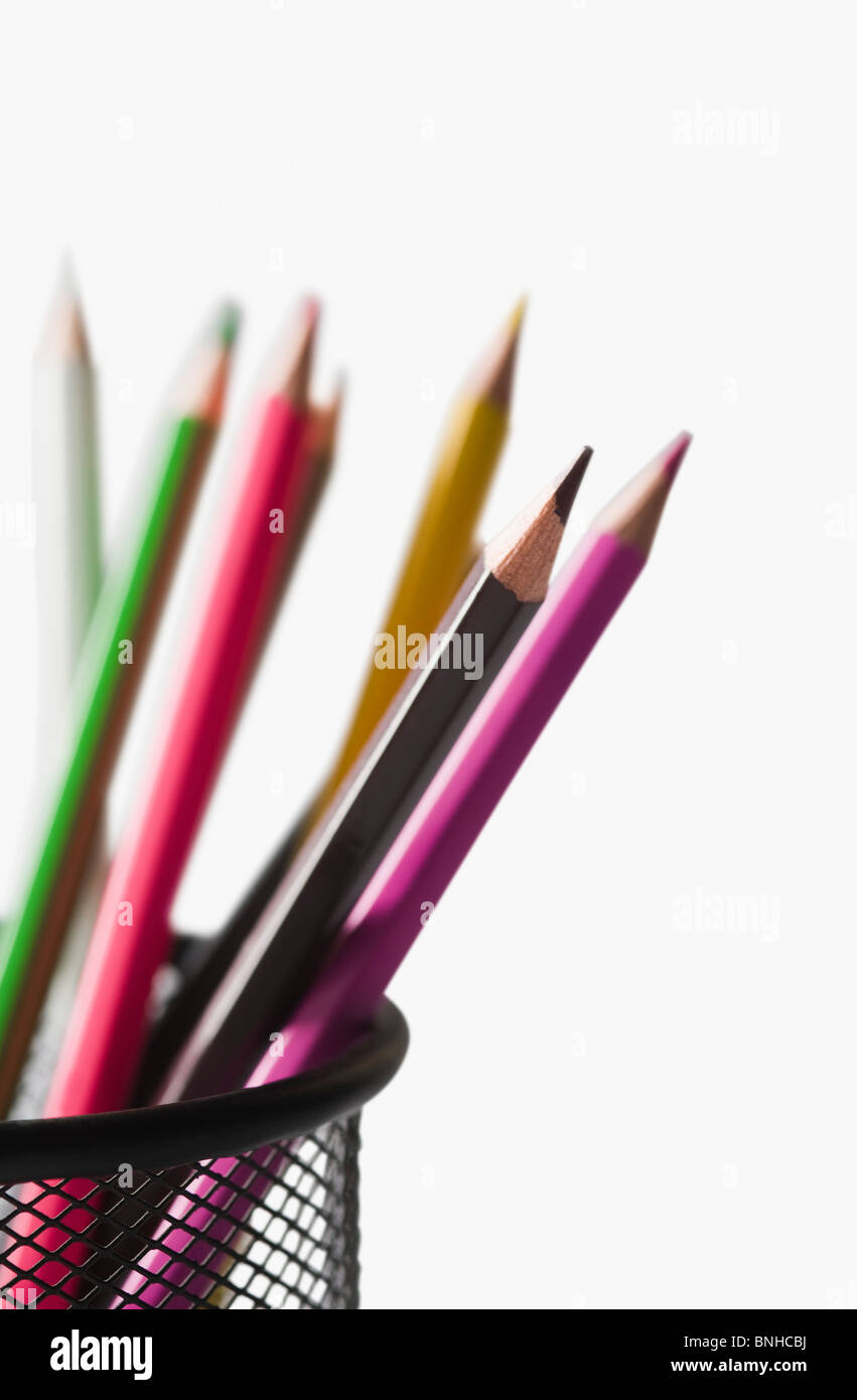 Close-up of colored pencils in a desk organizer Stock Photo - Alamy