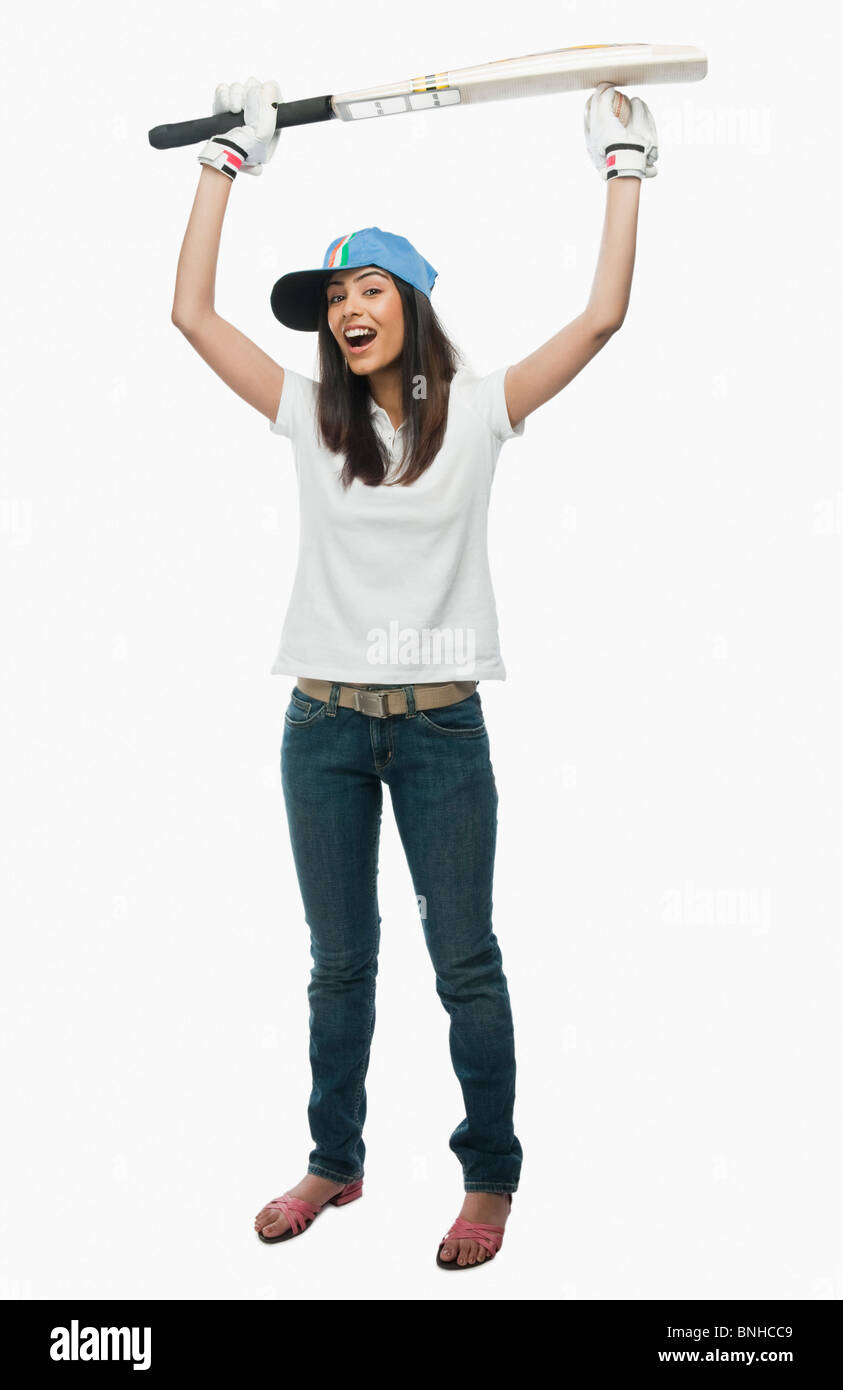 Portrait of a female cricket fan cheering Stock Photo - Alamy