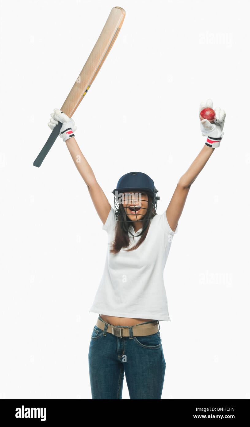 Portrait of a female cricket fan cheering Stock Photo - Alamy