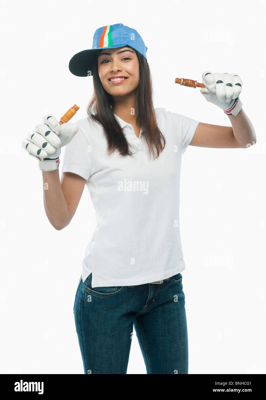 Portrait of a female cricket fan cheering Stock Photo - Alamy