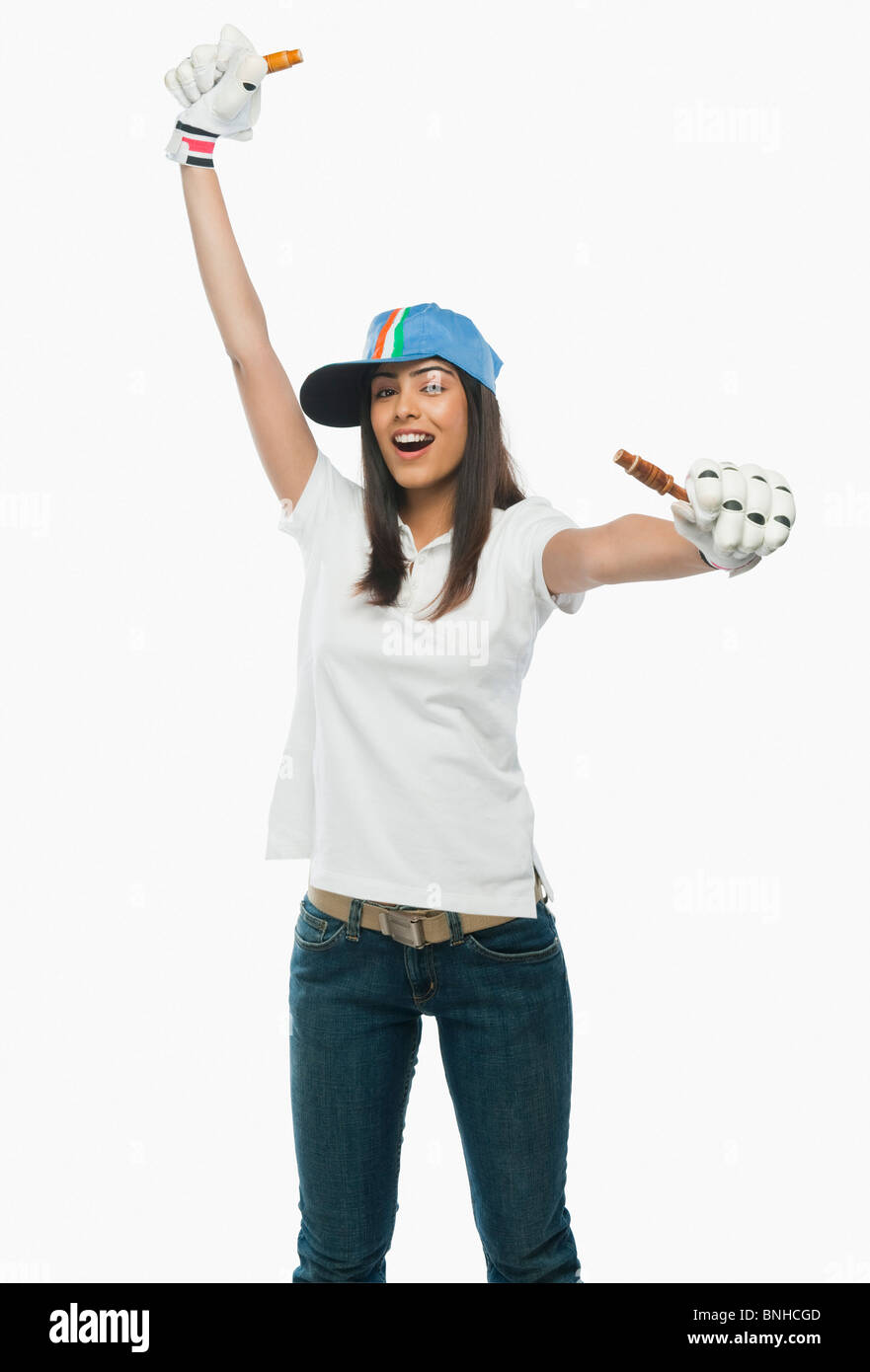 Portrait of a female cricket fan cheering Stock Photo - Alamy