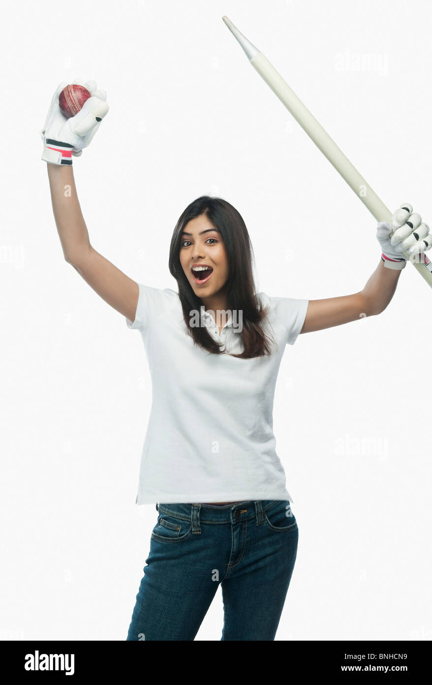 Portrait of a female cricket fan cheering Stock Photo - Alamy