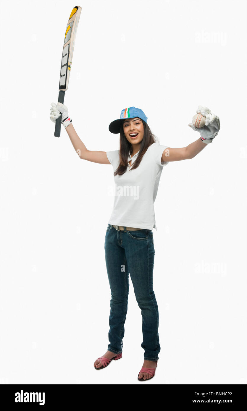 Portrait of a female cricket fan cheering Stock Photo - Alamy