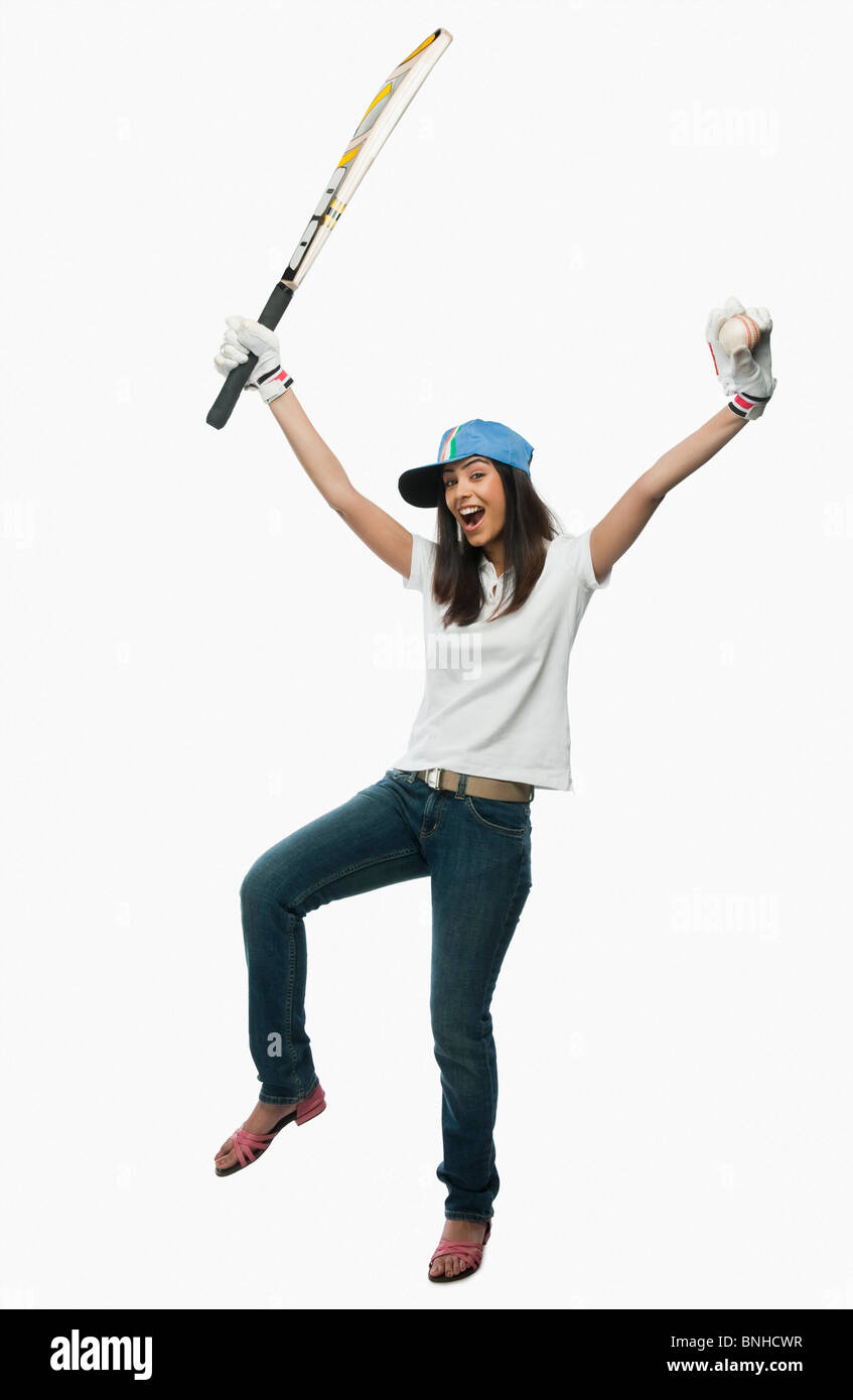 Portrait of a female cricket fan cheering Stock Photo - Alamy