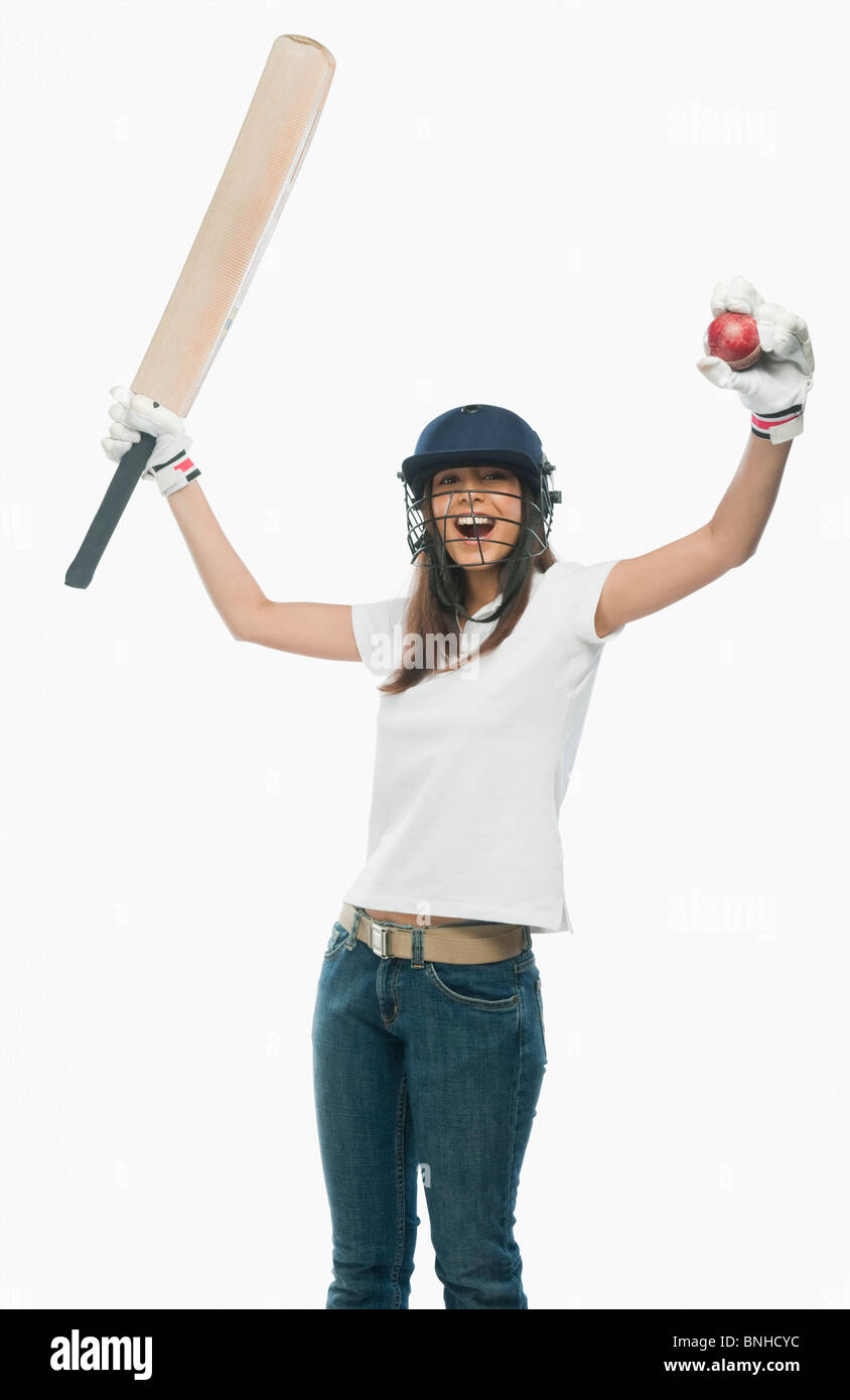 Portrait of a female cricket fan cheering Stock Photo - Alamy