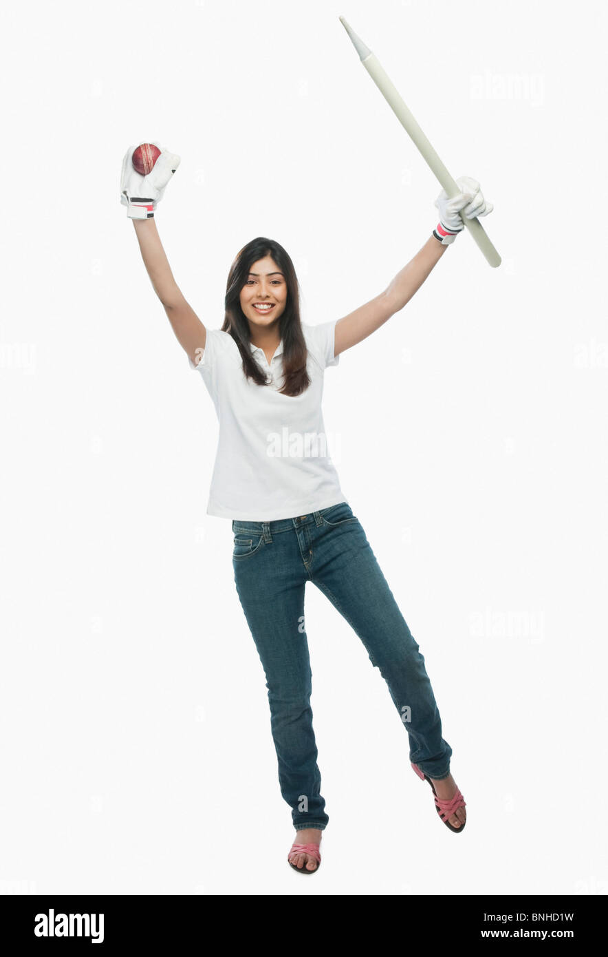 Portrait of a female cricket fan cheering Stock Photo - Alamy