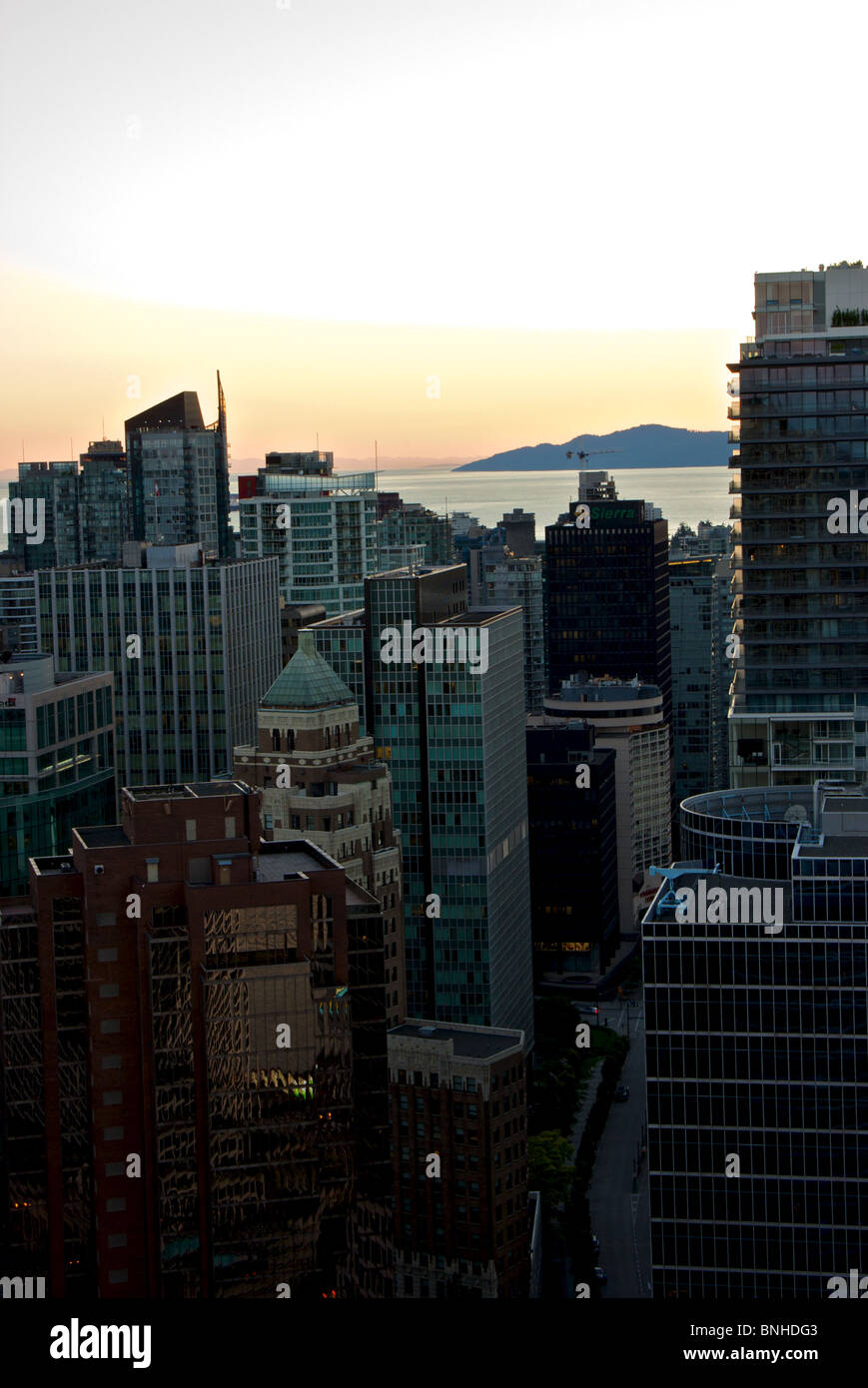 Aerial view of office tower high rise buildings of downtown Vancouver ...