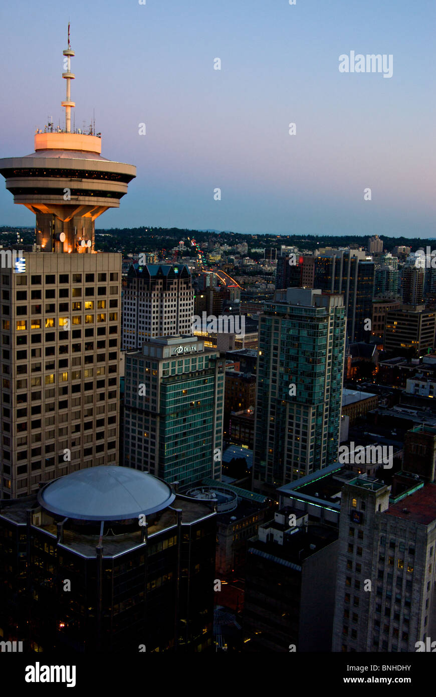 Harbour Centre Tower revolving restaurant and illuminated streets ...