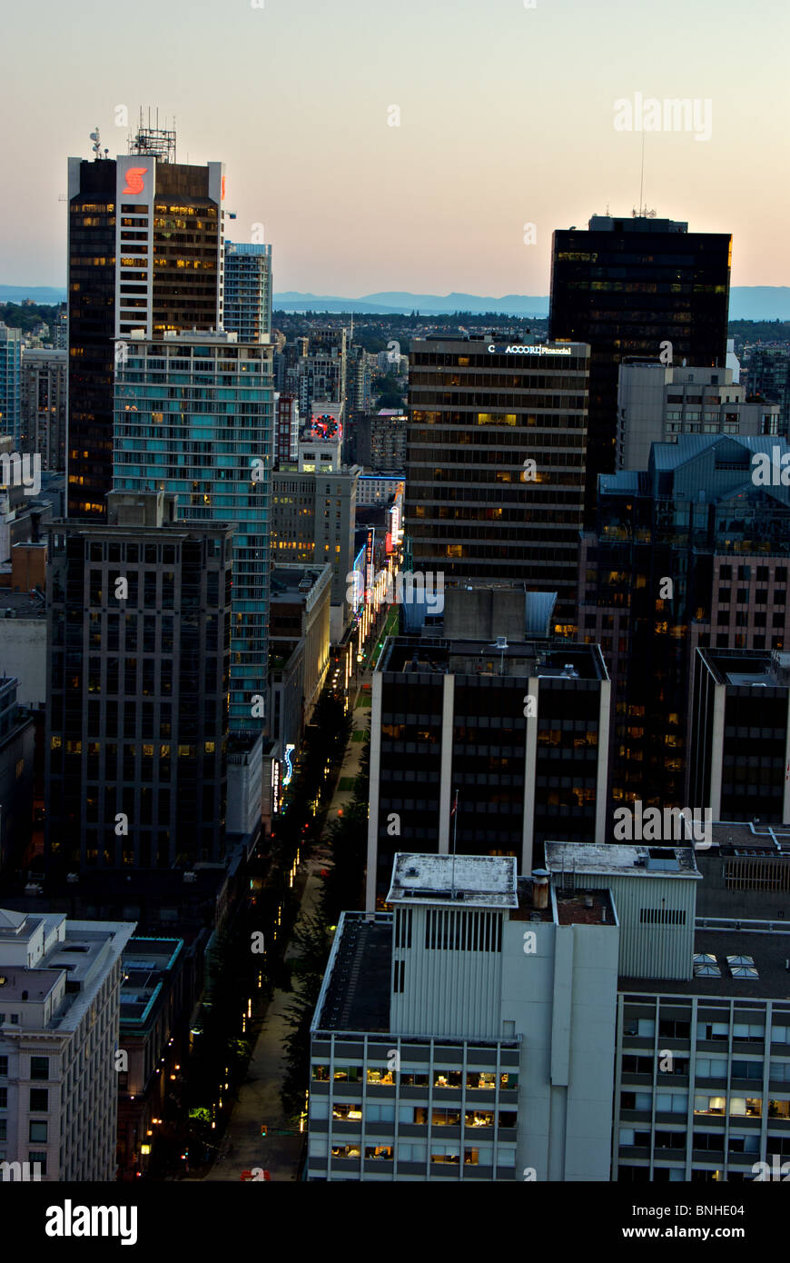 Aerial view of illuminated office building high rise towers of downtown ...
