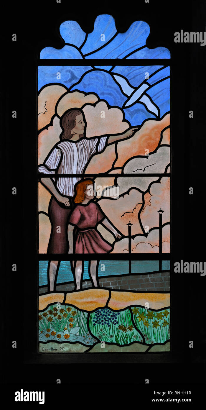 Mother and daughter on quayside. Detail of West window. Church of Saint ...