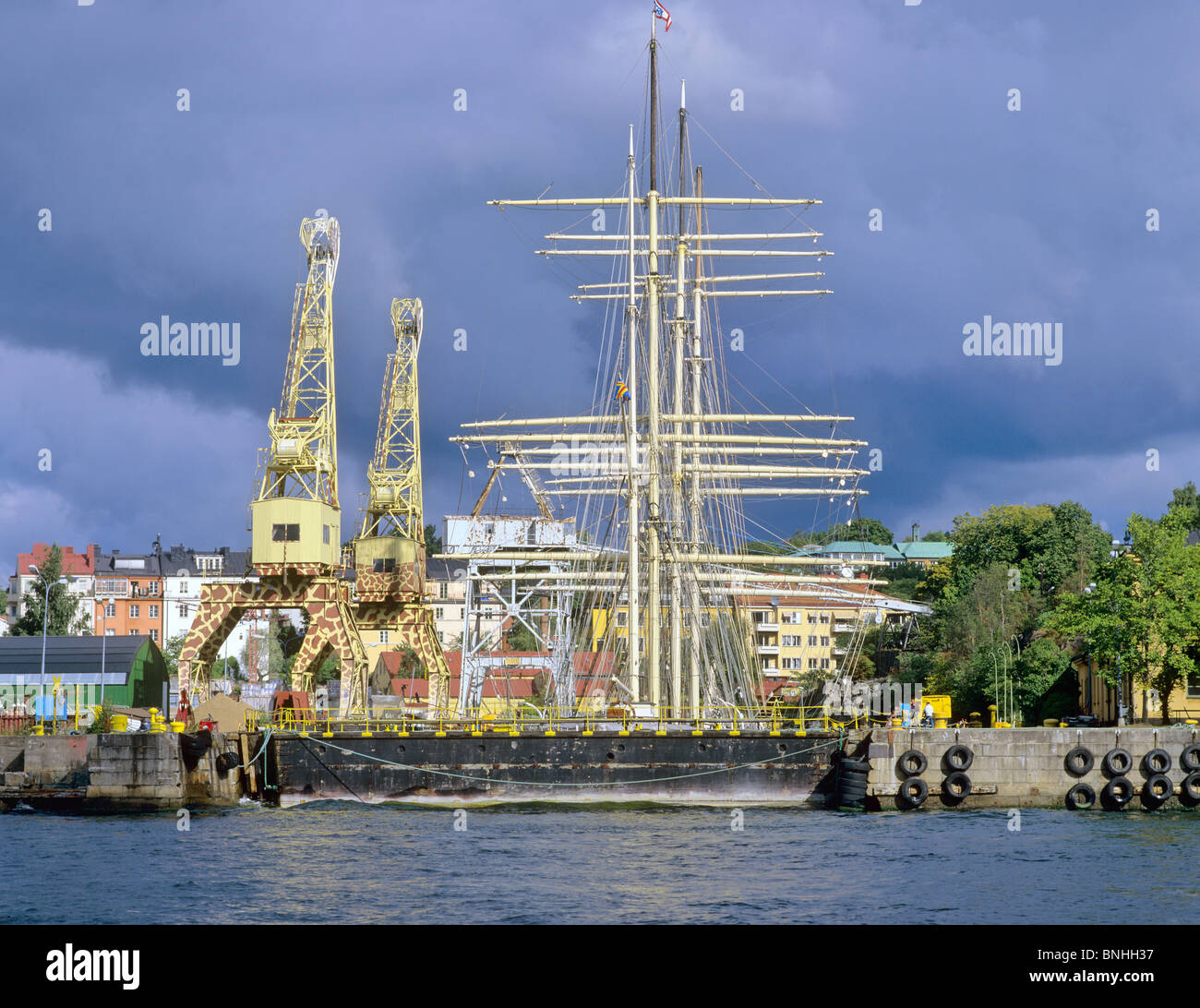Sweden Stockholm historic ship dock Djurgarden harbour ship harbor mast ...