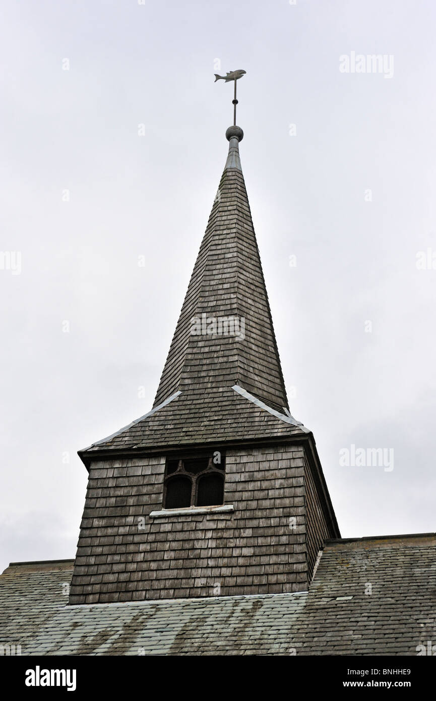Wooden shingle-clad steeple. Church of Saint Oswald. Knott End ...