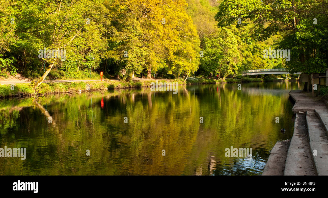 View of the River Derwent in village of Matlock Bath in the Derbyshire ...