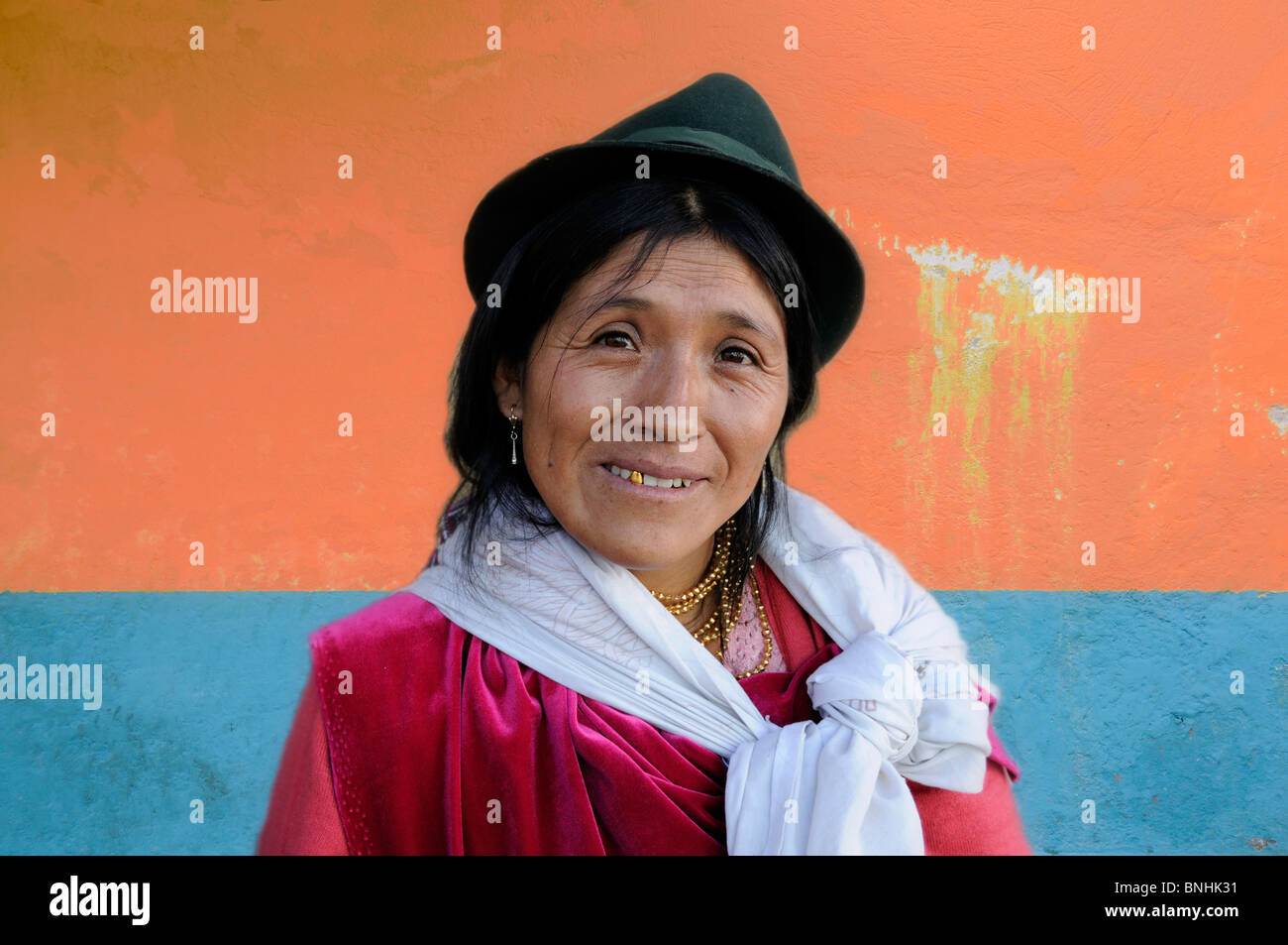 Ecuador Indigenous woman Quito city portrait smiling hat gold tooth ...