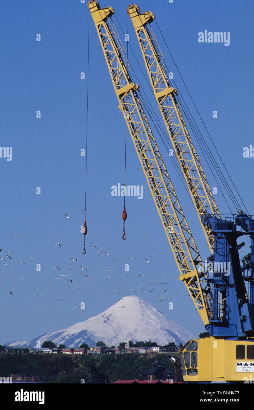 Chile Puerto Montt vulcano Calbuco crane industry port harbor harbour ...