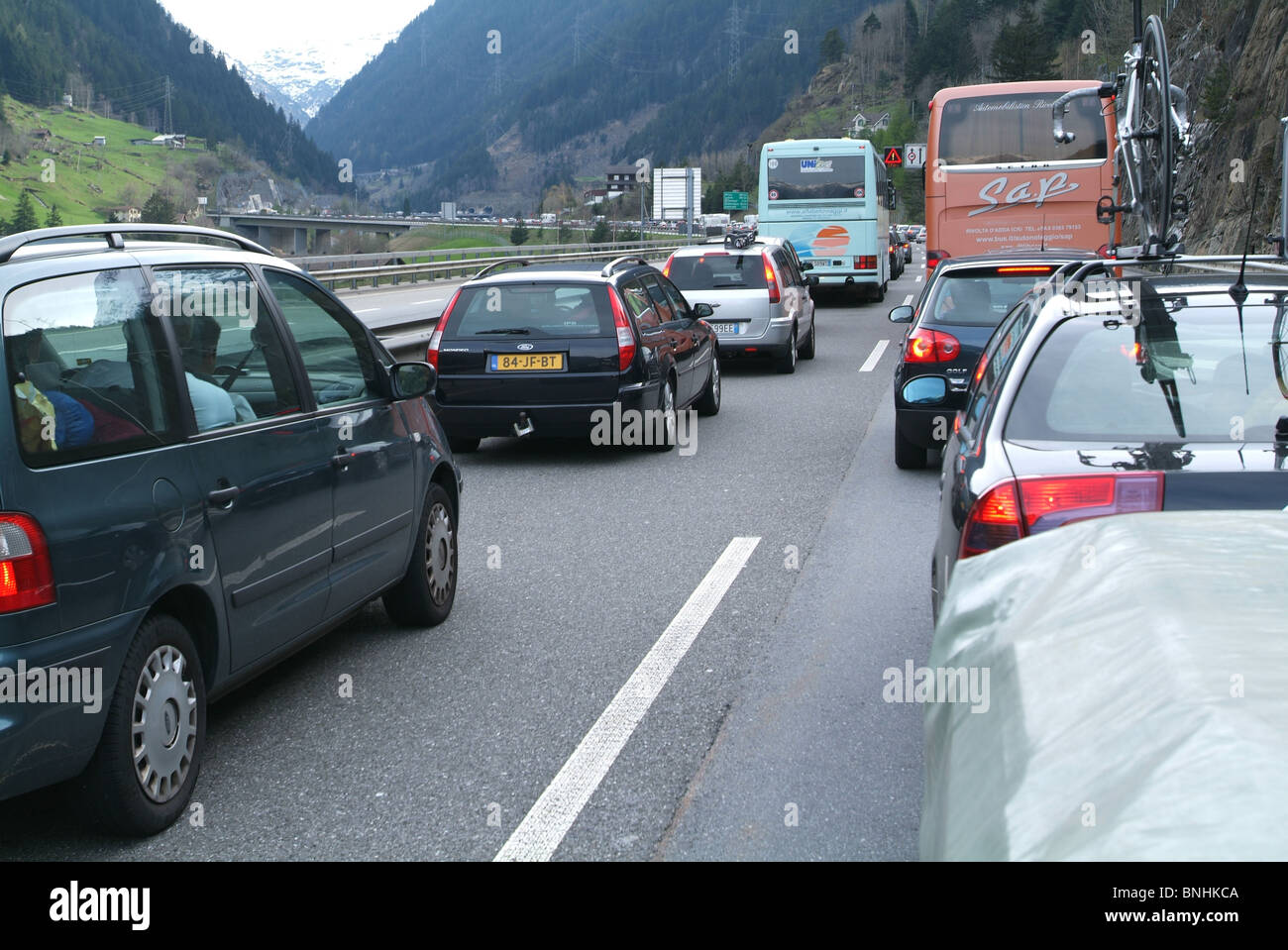 Switzerland Canton of Uri Göschenen traffic jam freeway motorway cars ...