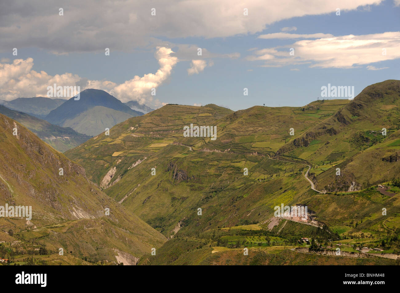 Ecuador Andes Mountains near Alousi green landscape fields valley Stock ...