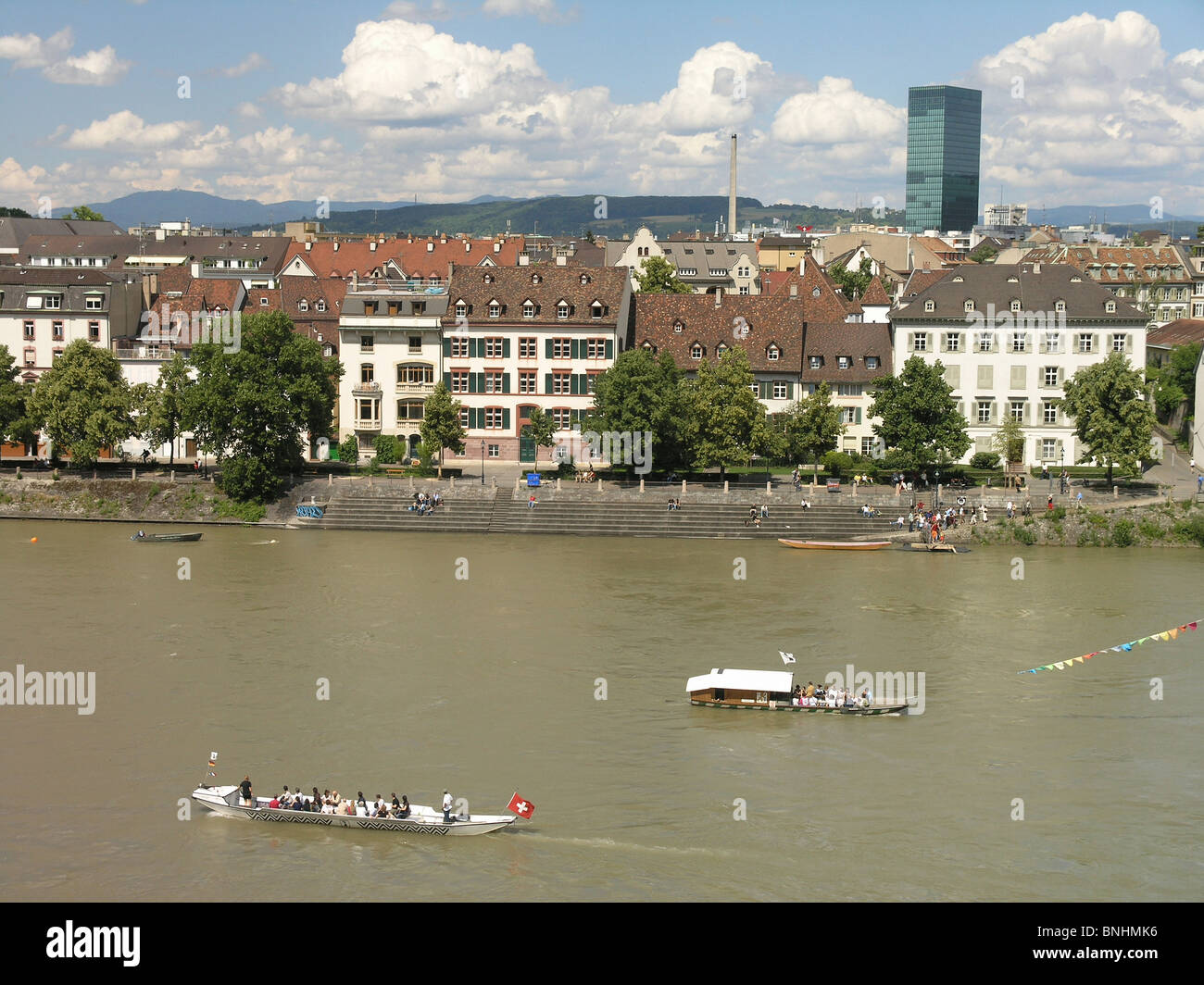 Switzerland basel city rhine river water ferry boat fair trade tower ...