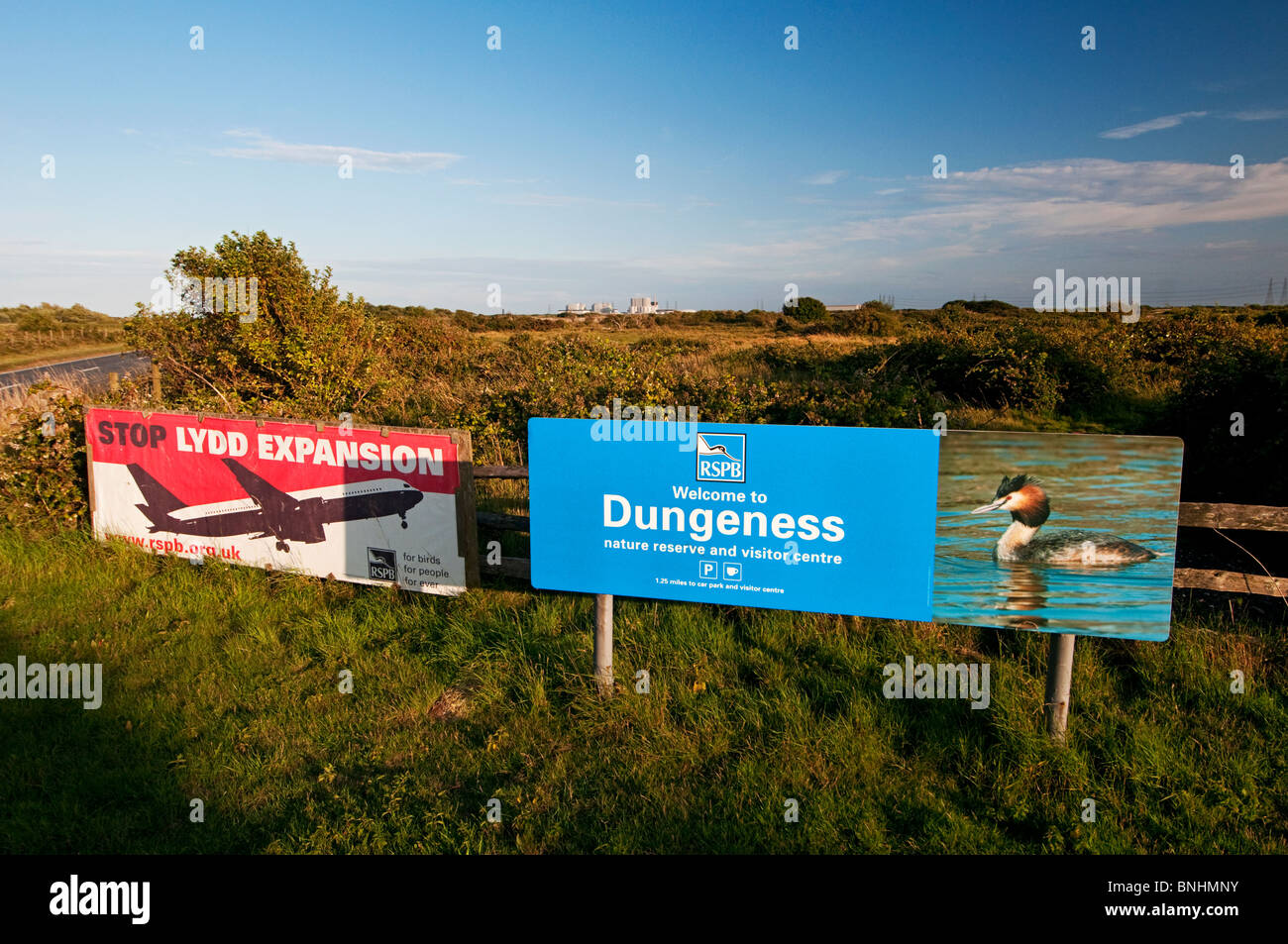 Reserve entrance signs, Dungeness RSPB Reserve, Kent, England Stock ...
