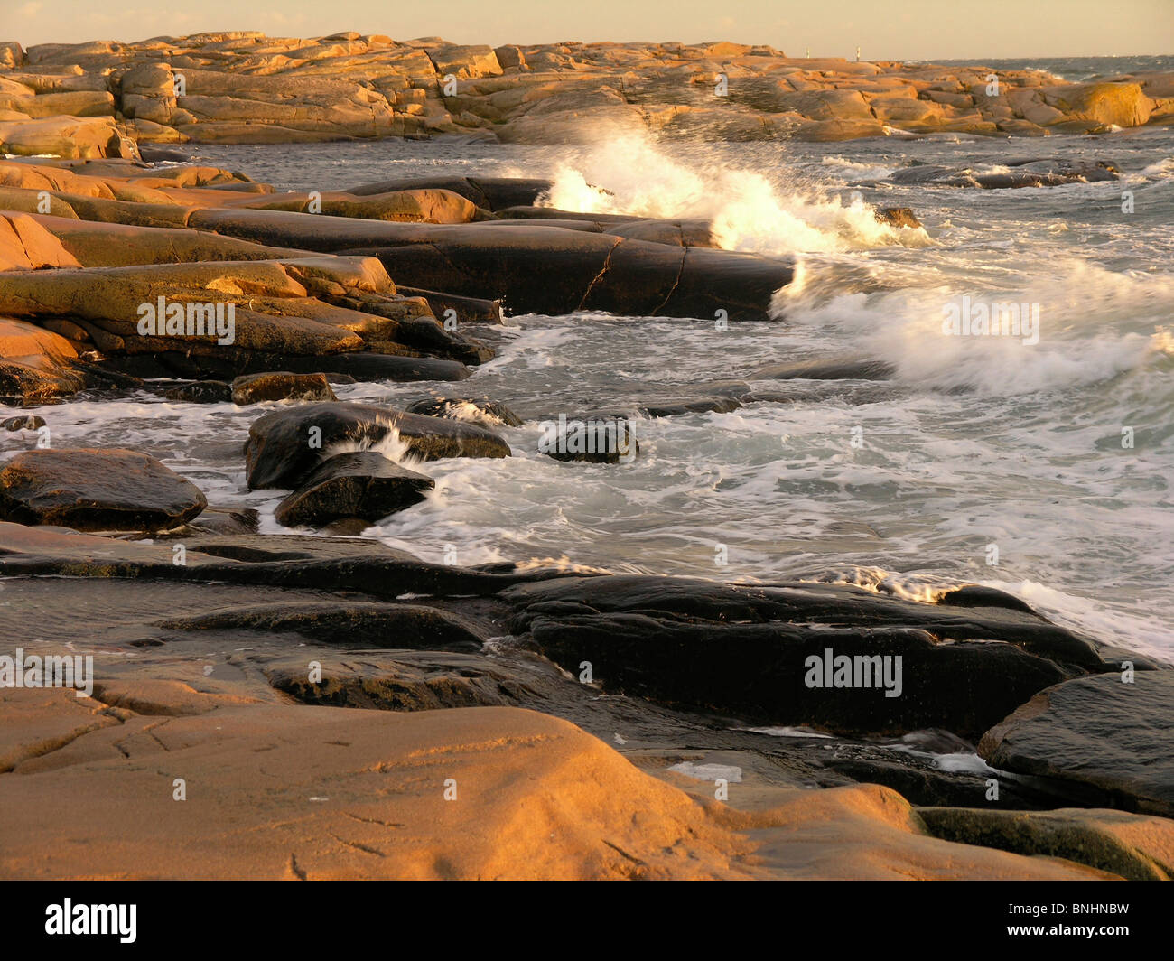 Sweden Bohuslän province granite rock rocks waves sea ocean stormy ...