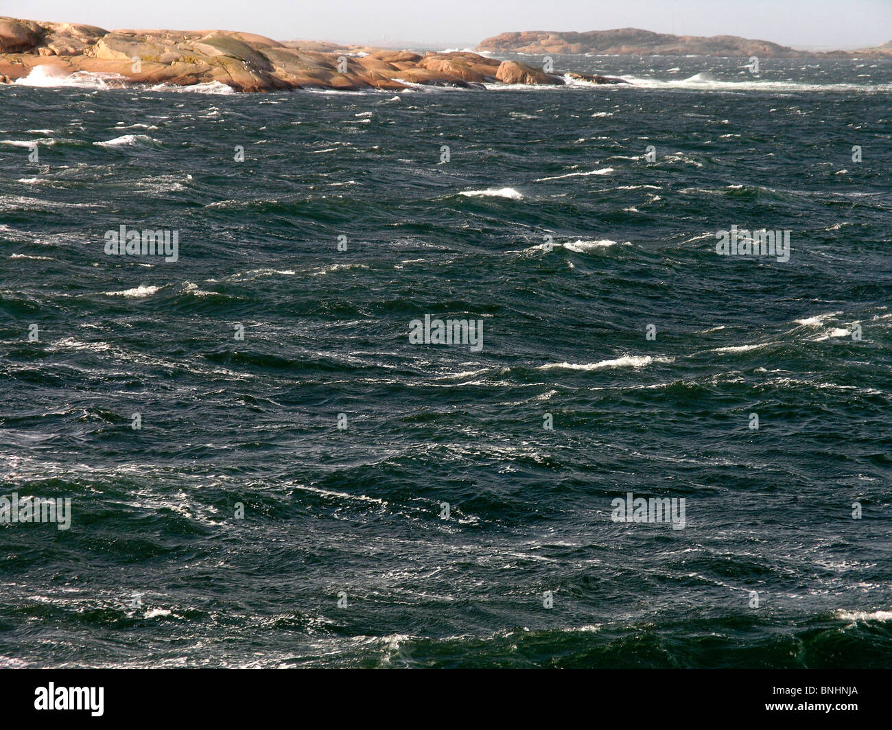 Sweden storm sea Bohuslän province coast ocean stormy waves water spray ...