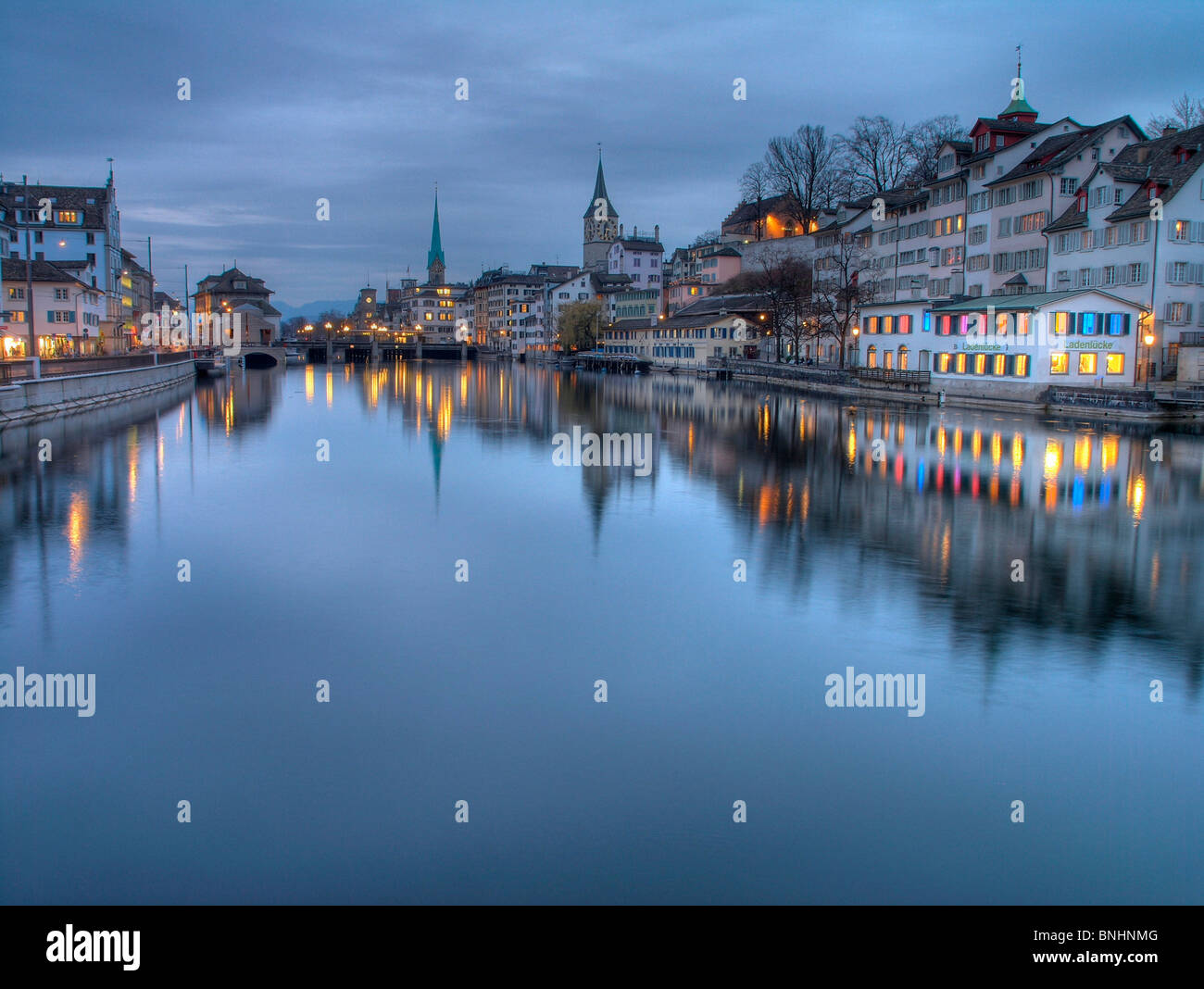 Switzerland zurich city limmat river st. Peter's church old town water ...