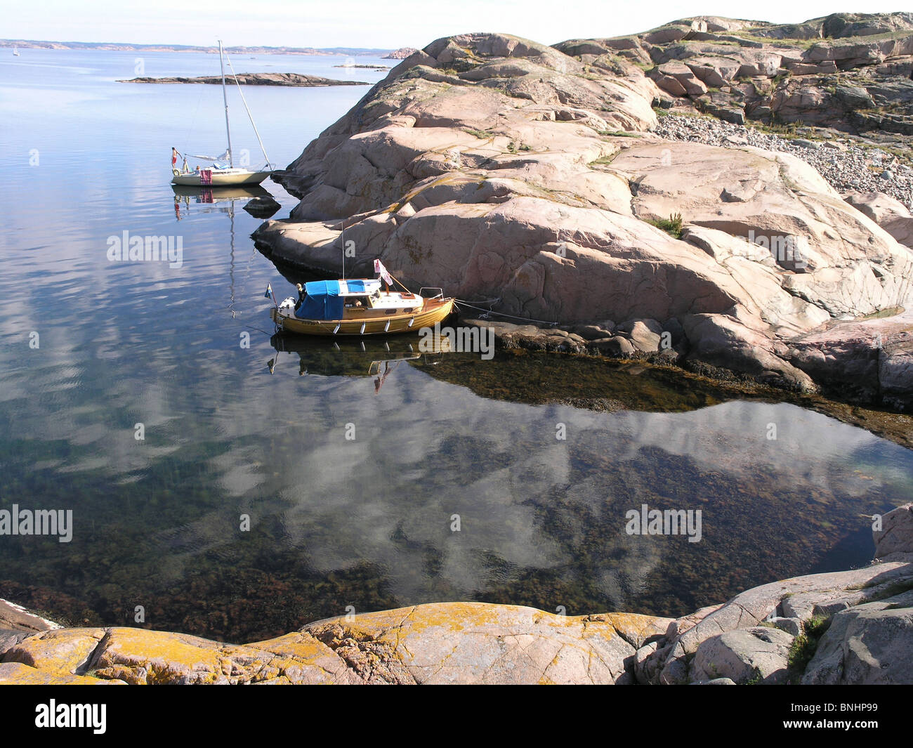 Sweden coast archipelago sea water nature boats rock rocks lichen Stock ...