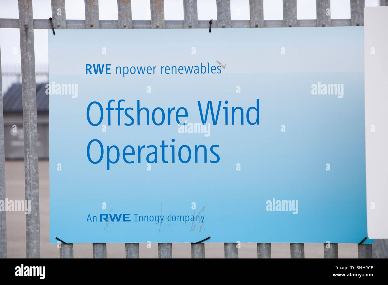 Signs for off shore wind farms at their shore base in Mostyn, North ...