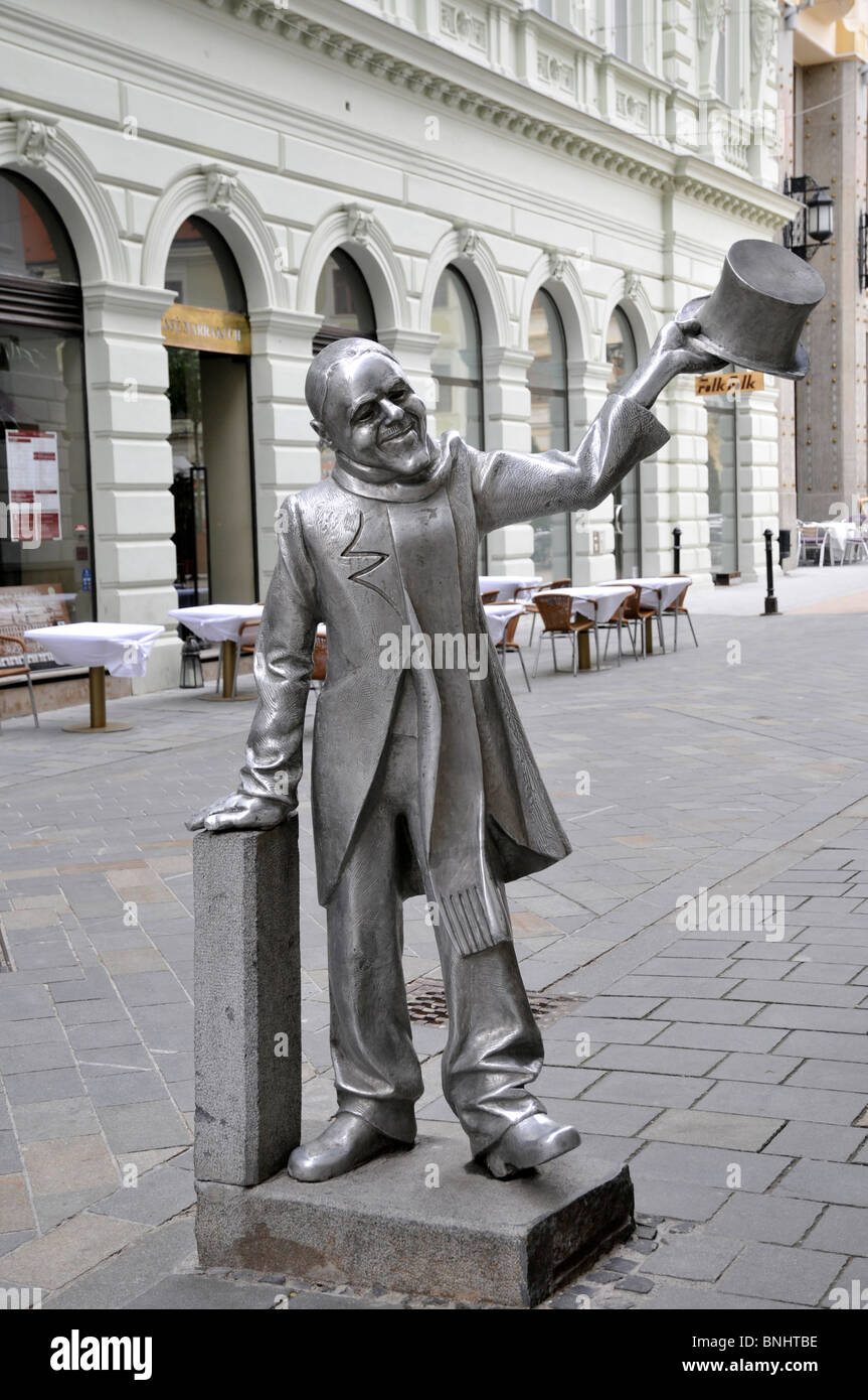 Street sculpture of strange man with hat, Bratislava, Slovakia, Europe ...