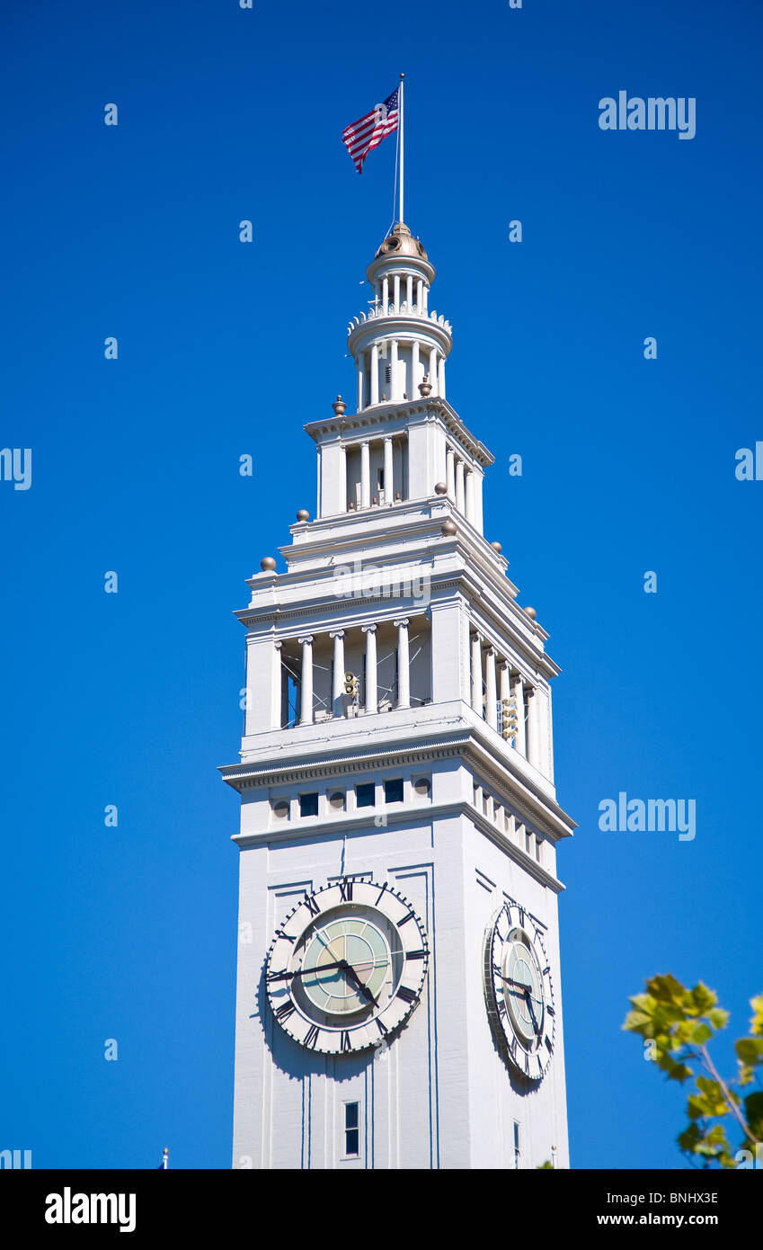 American Flag on Clock tower of Ferry Building in San Francisco Stock ...