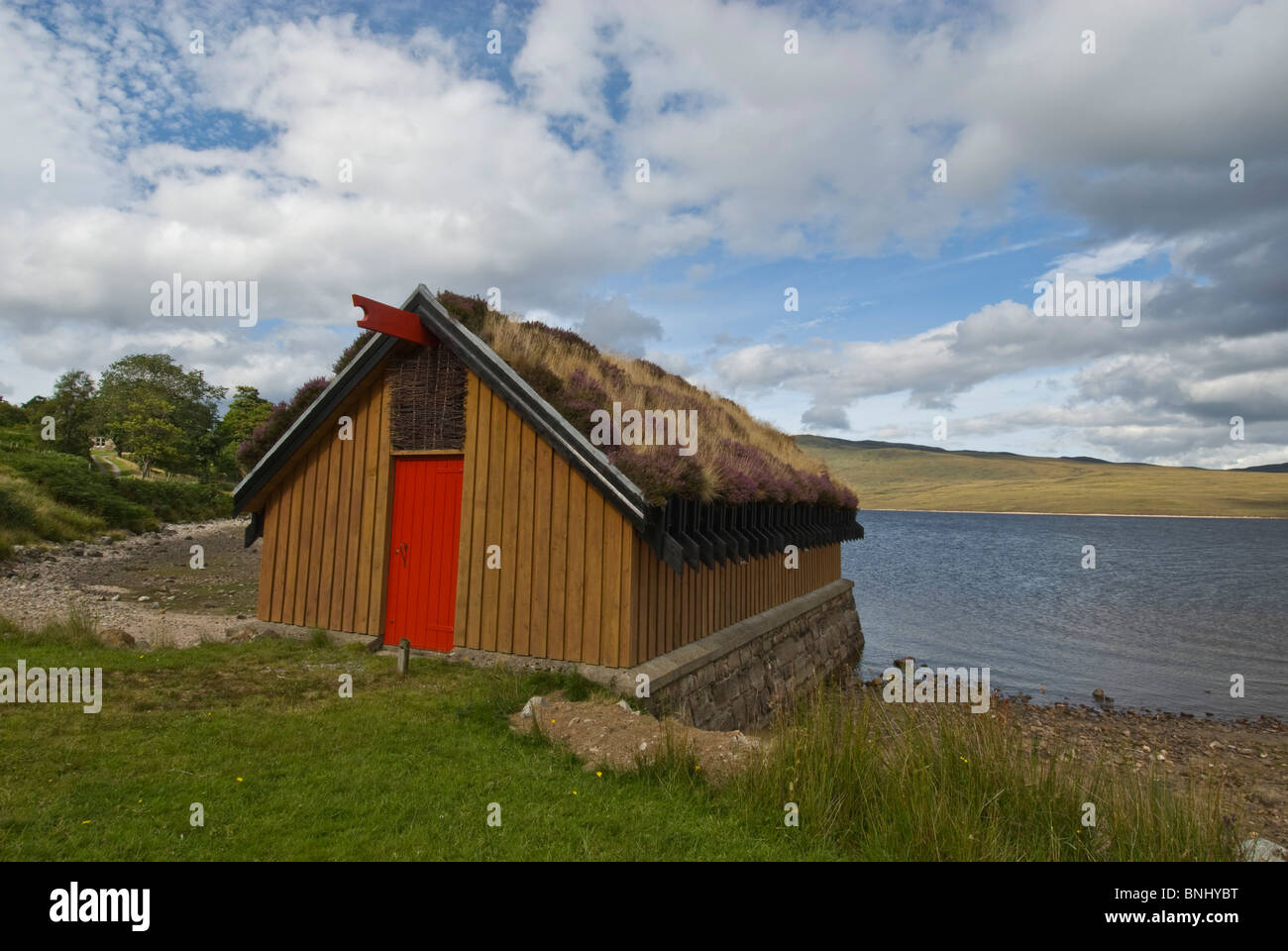 Boathouse, Loch Loyal, Sutherland, Scotland. Traditionally Turf roofed ...