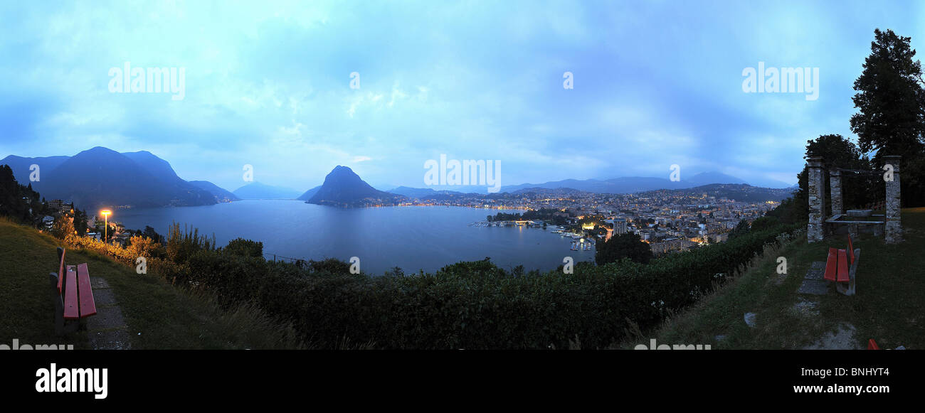 Switzerland Canton of Ticino panoramic view Lake Lugano Ceresio bench ...