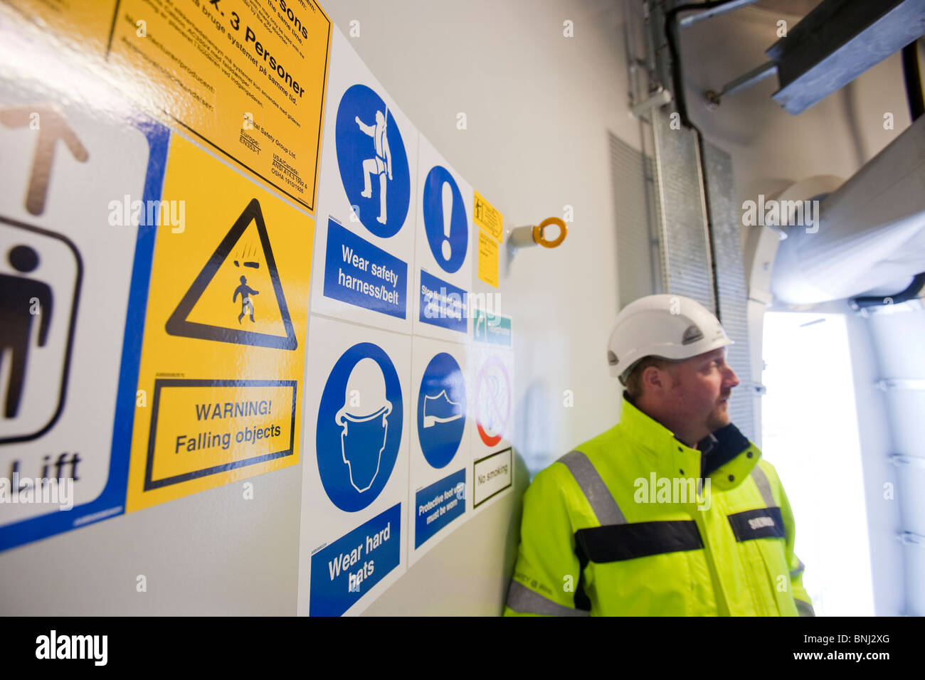 PPE instruction signs and an engineer inside a siemens offshore wind ...
