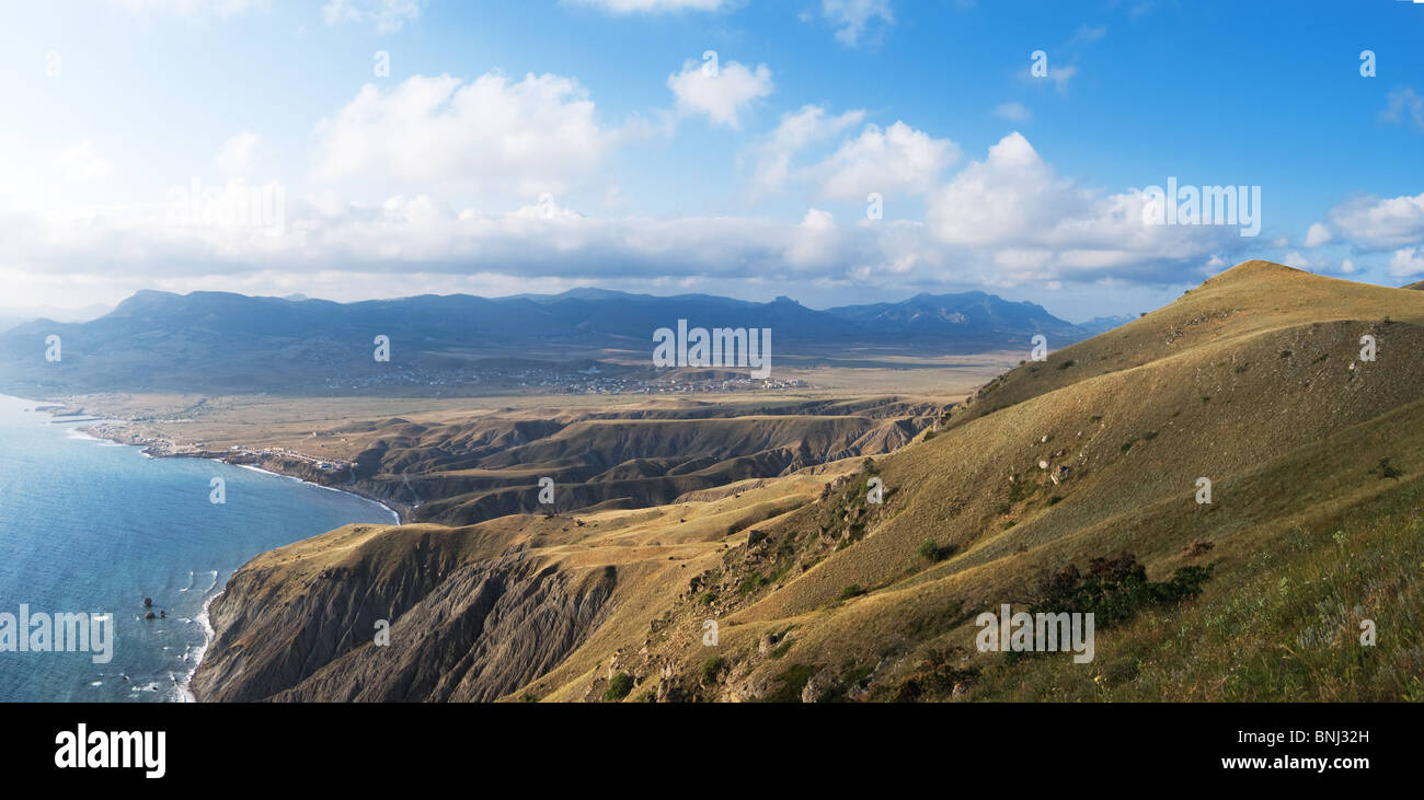 panorama of the Crimean mountain range and the Black sea coast, the ...
