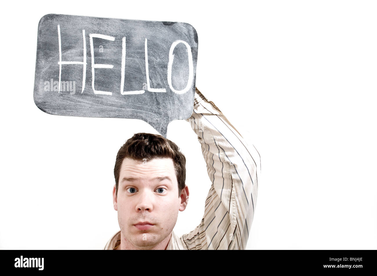 Man Holding Hello Bubble, Isolated on White Background Stock Photo - Alamy