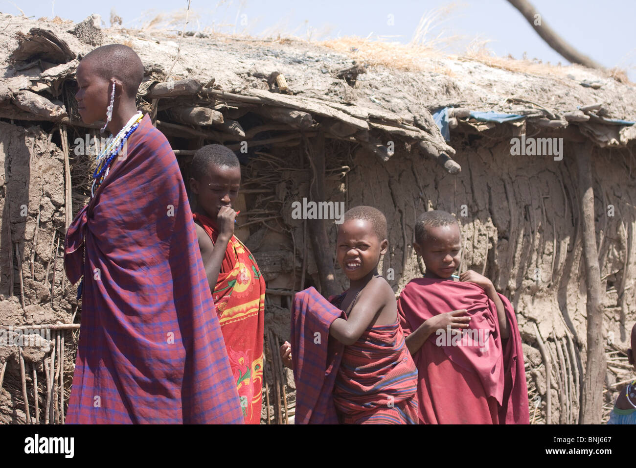 Tanzania Africa Masai tribe native natives local people children hut ...